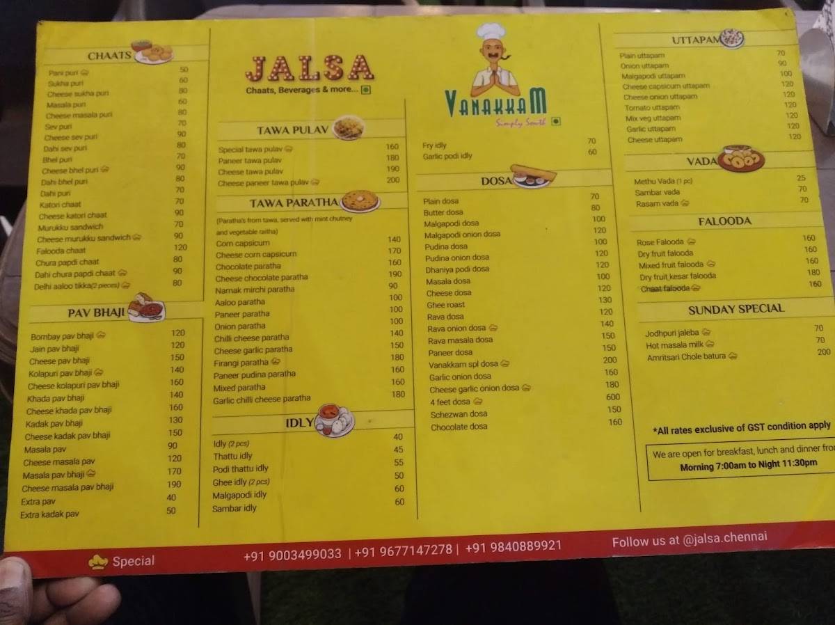 Menu at JALSA CHAATS AND MORE, Chennai