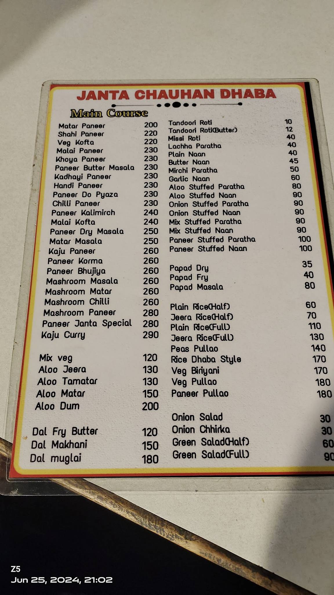 Menu at JANTA CHAUHAN DHABA, Bhautipratappur
