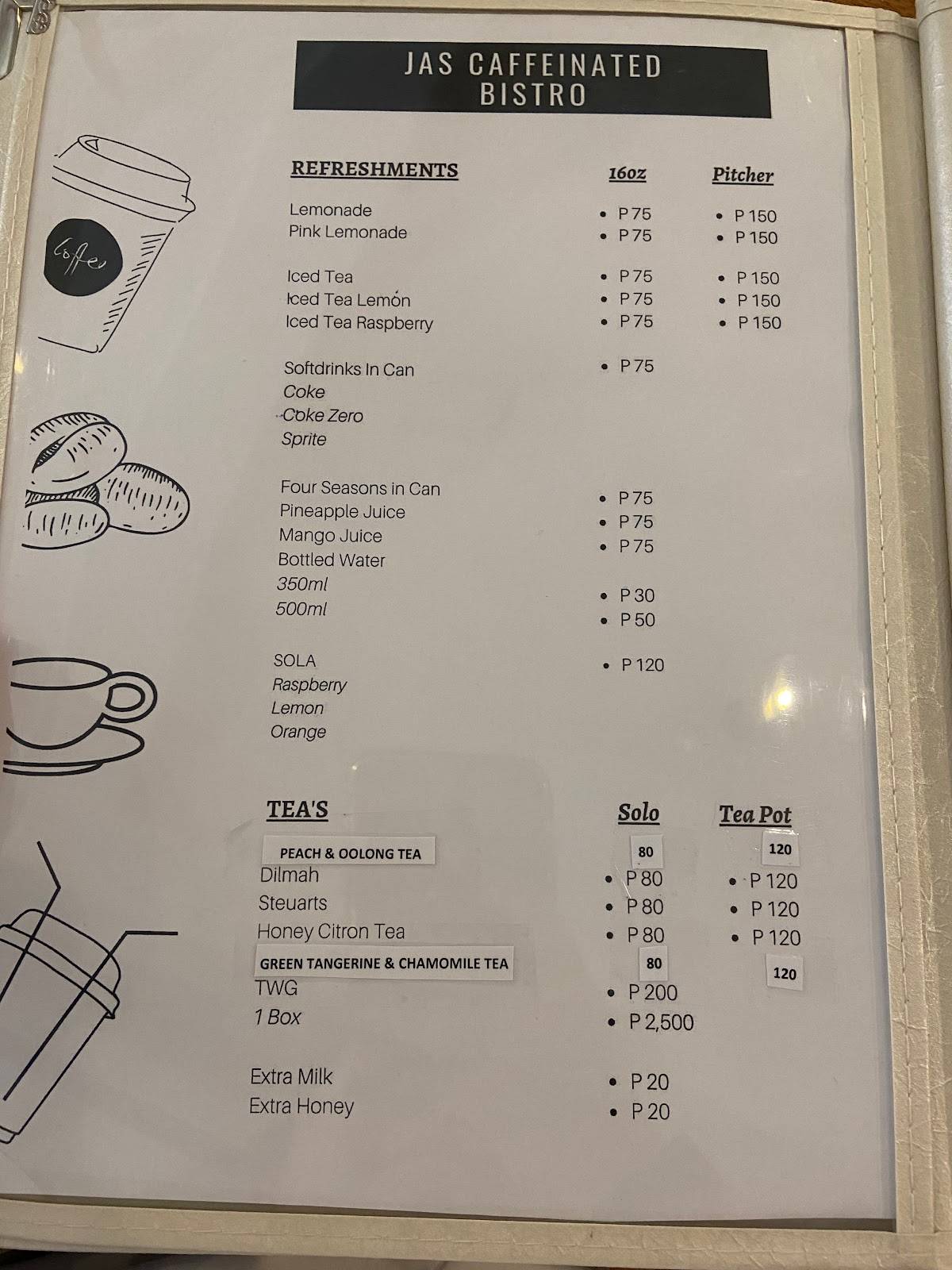 Menu at JAS Caffeinated restaurant, Davao City