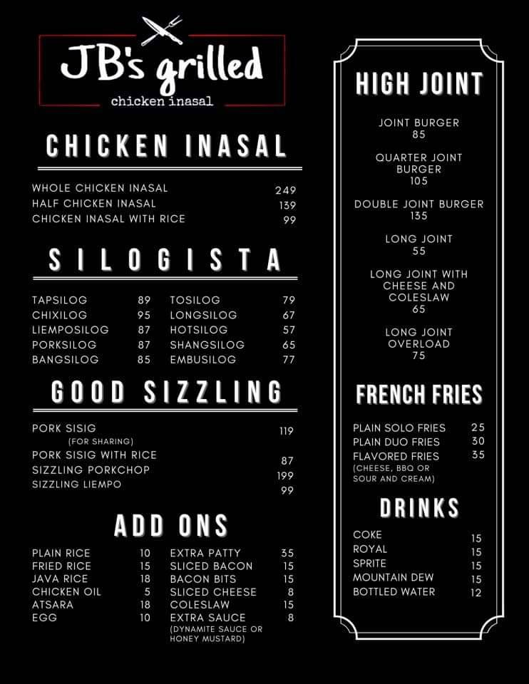 Menu at JB’s Grilled Chicken Inasal Biñan restaurant, Biñan