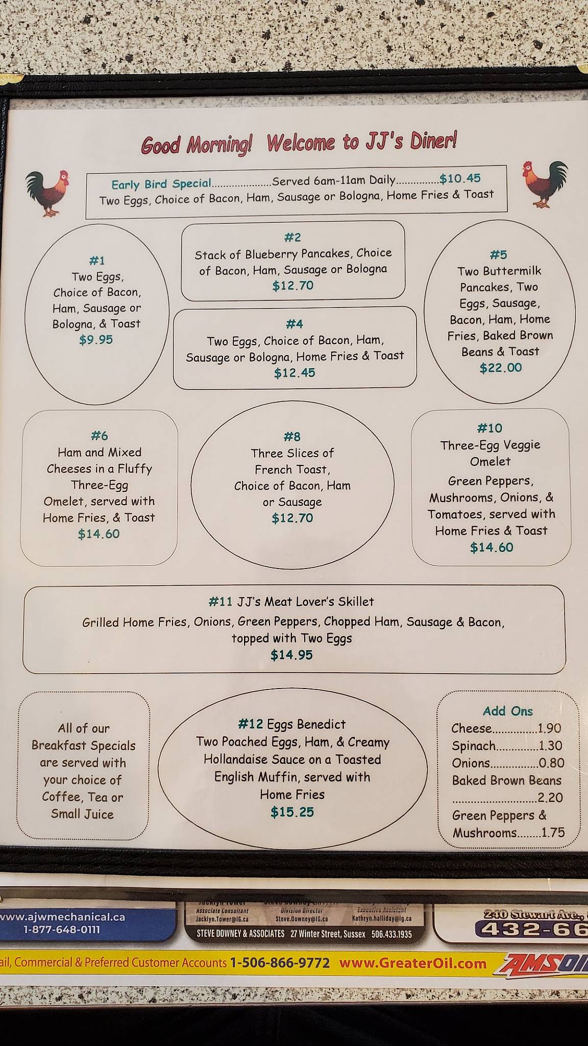 Menu at JJ's Diner restaurant, Sussex