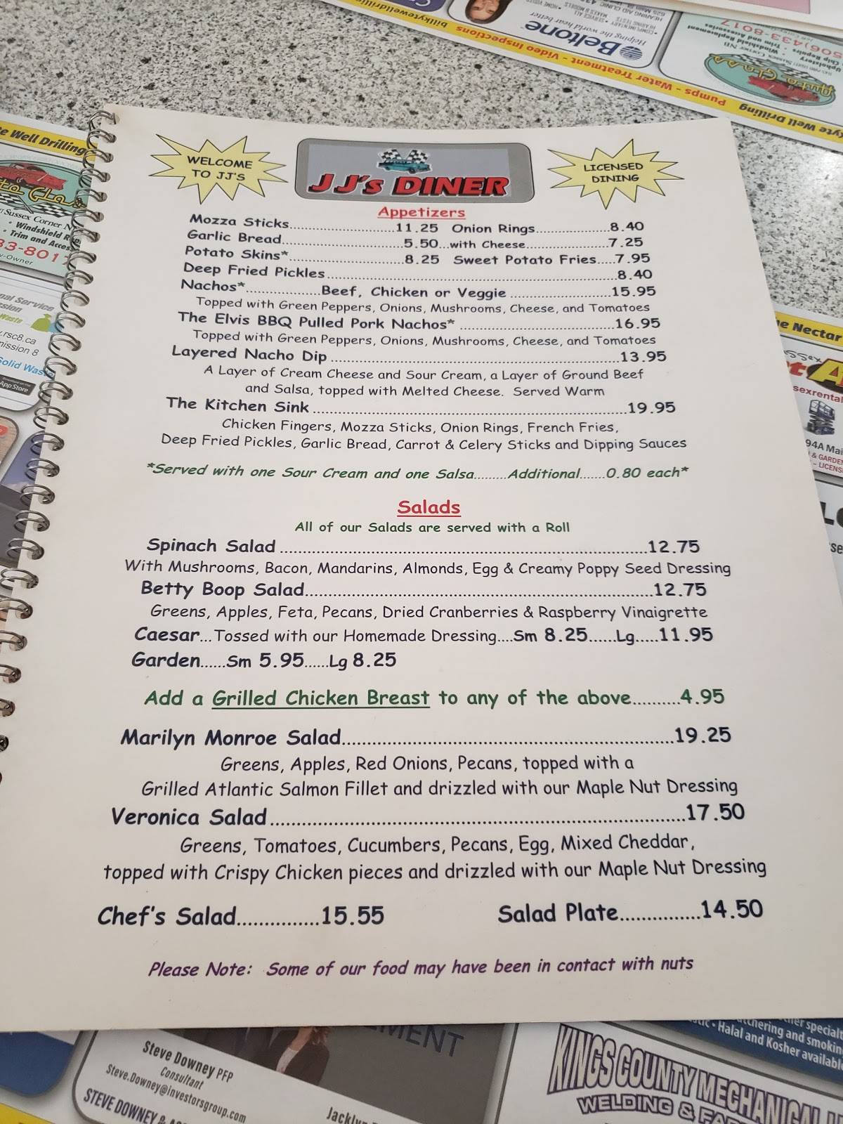 Menu at JJ's Diner restaurant, Sussex