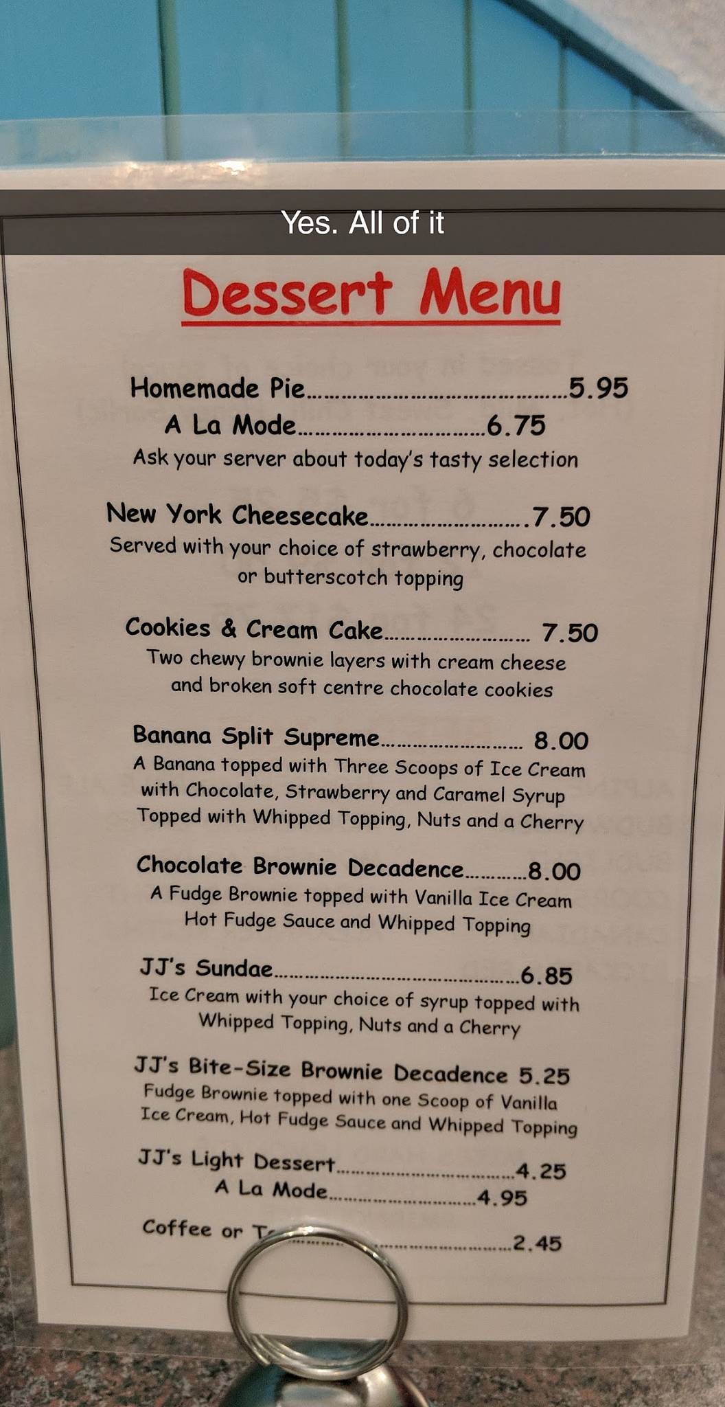 Menu at JJ's Diner restaurant, Sussex