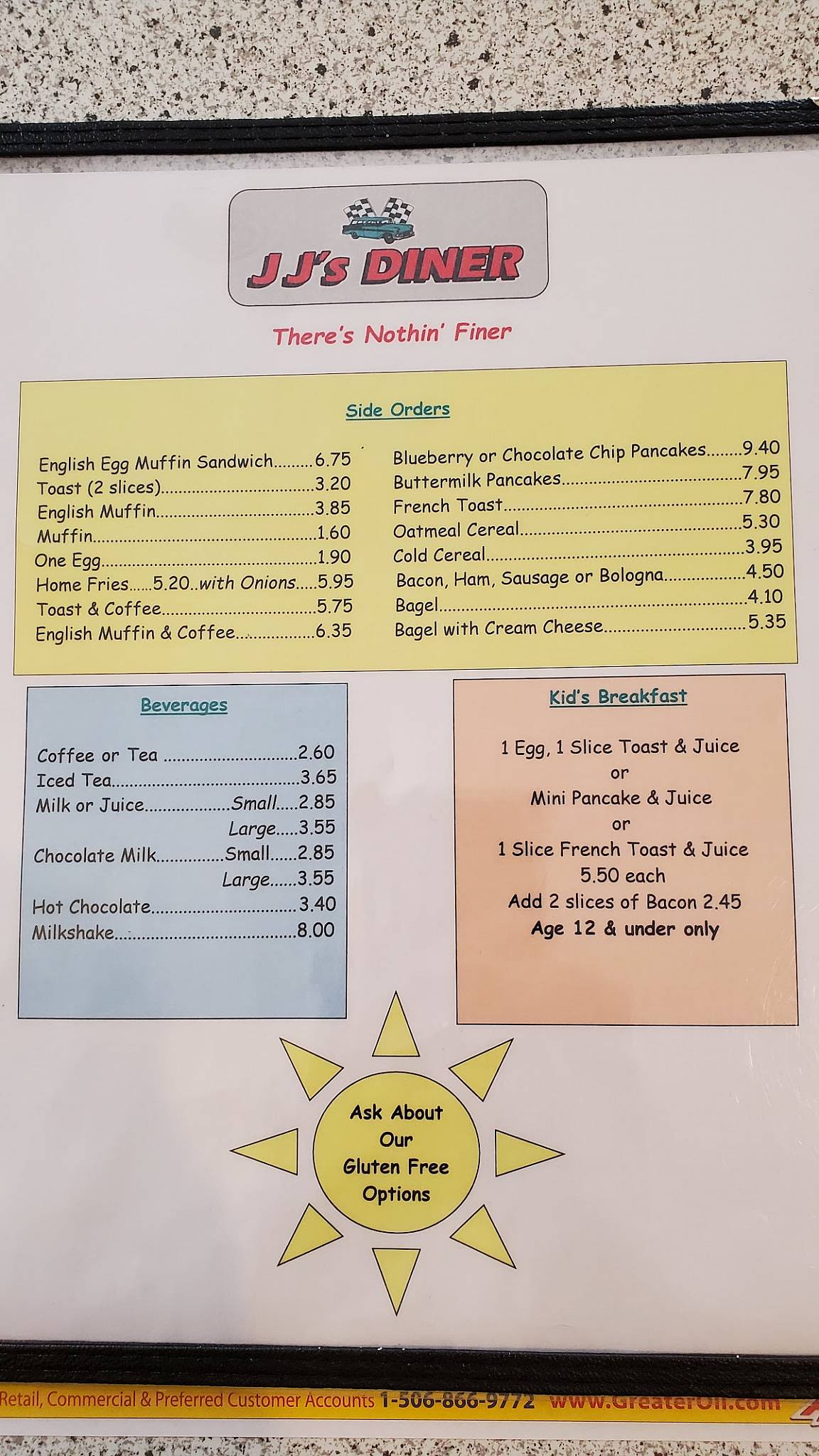 Menu at JJ's Diner restaurant, Sussex