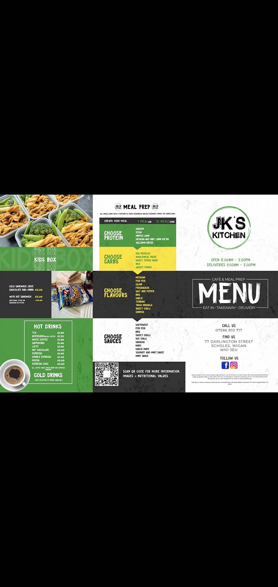 Menu at JK's Kitchen cafe, Wigan