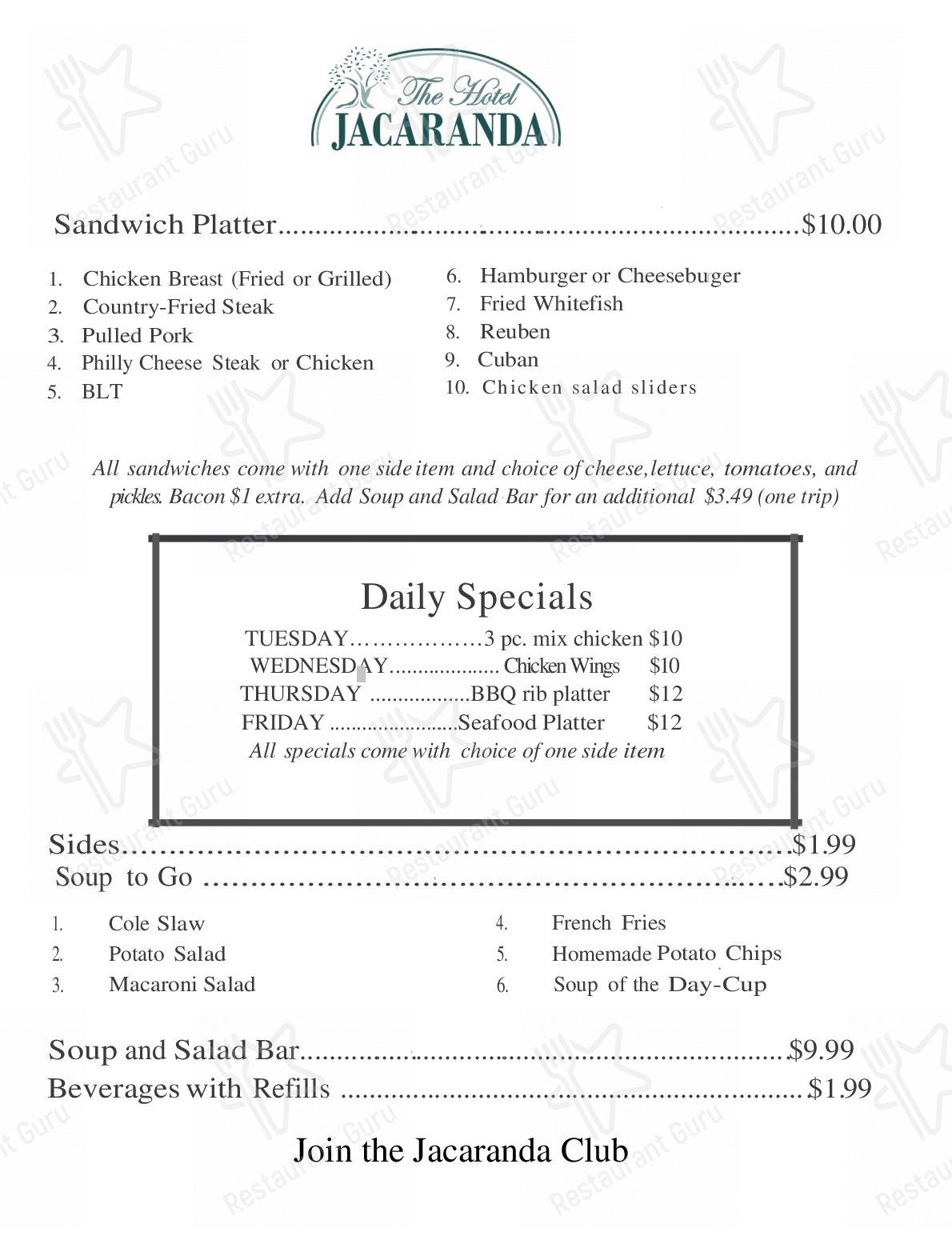 Menu at Jacaranda Hotel pub & bar, Grafton