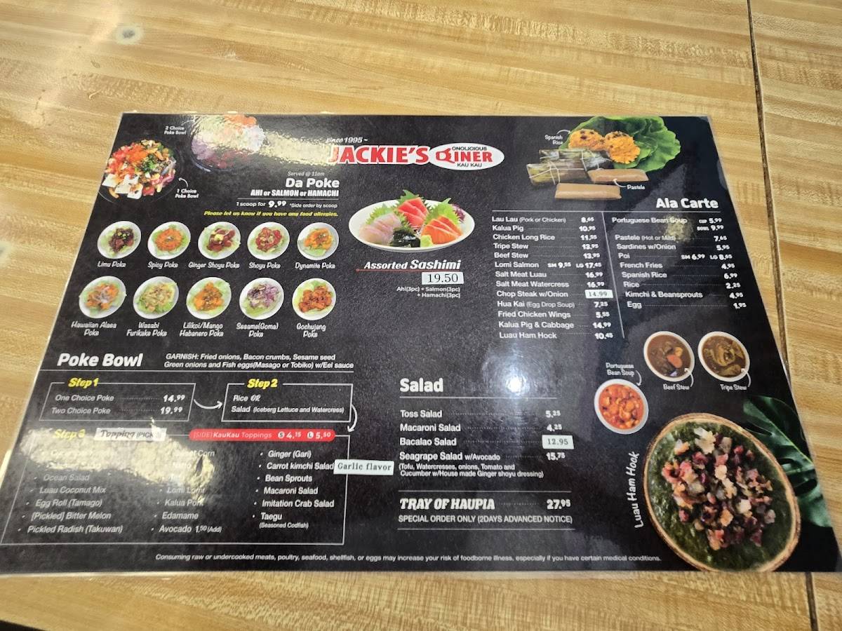 Menu at Jackie's Diner restaurant, Aiea