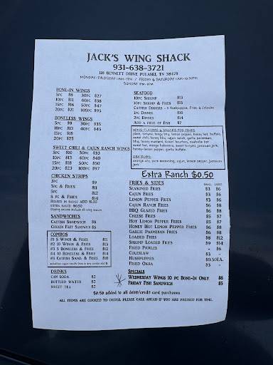 Menu at Jacks Wing Shack restaurant, Pulaski