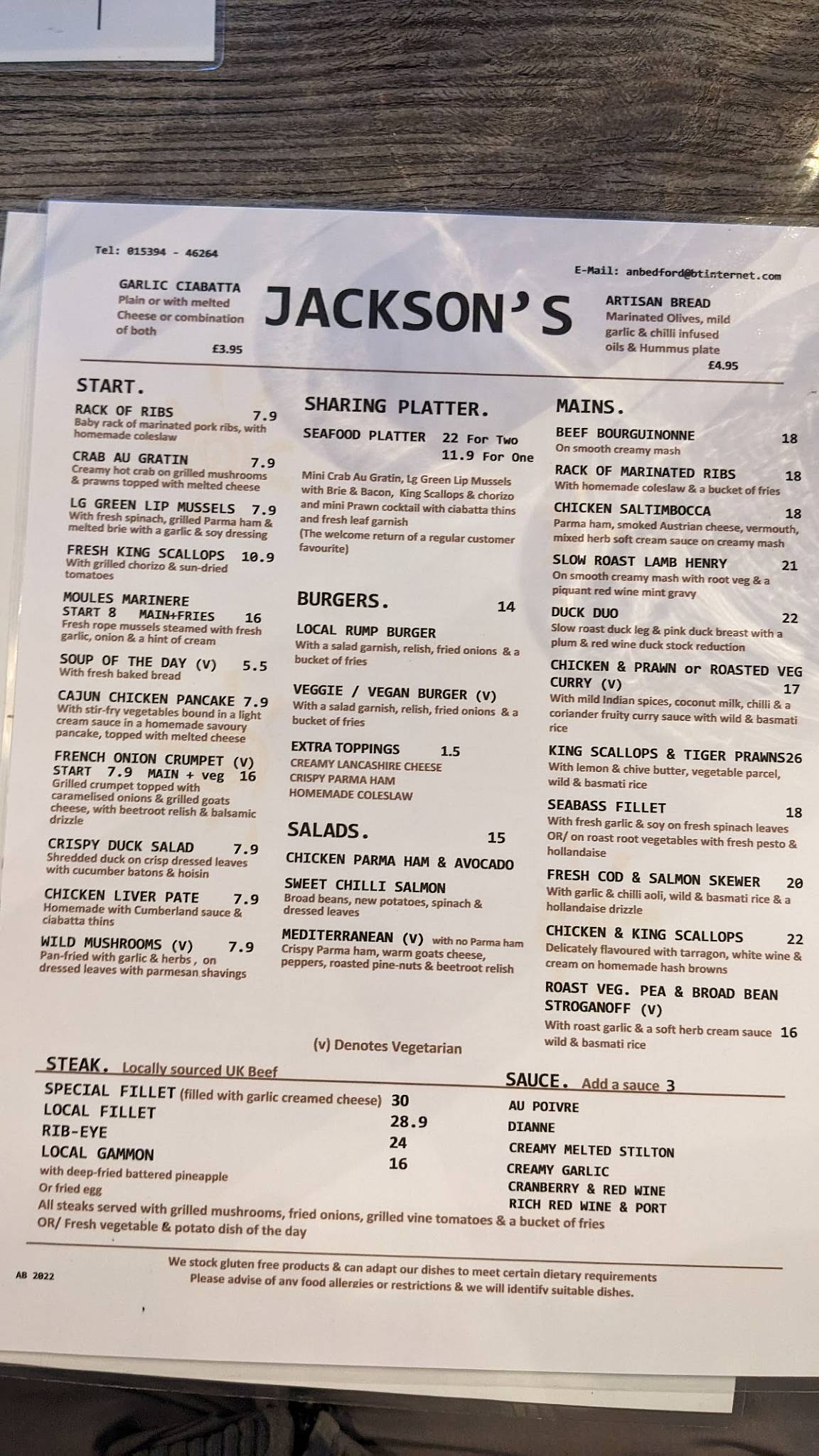 Menu at Jackson's Bistro restaurant, Windermere