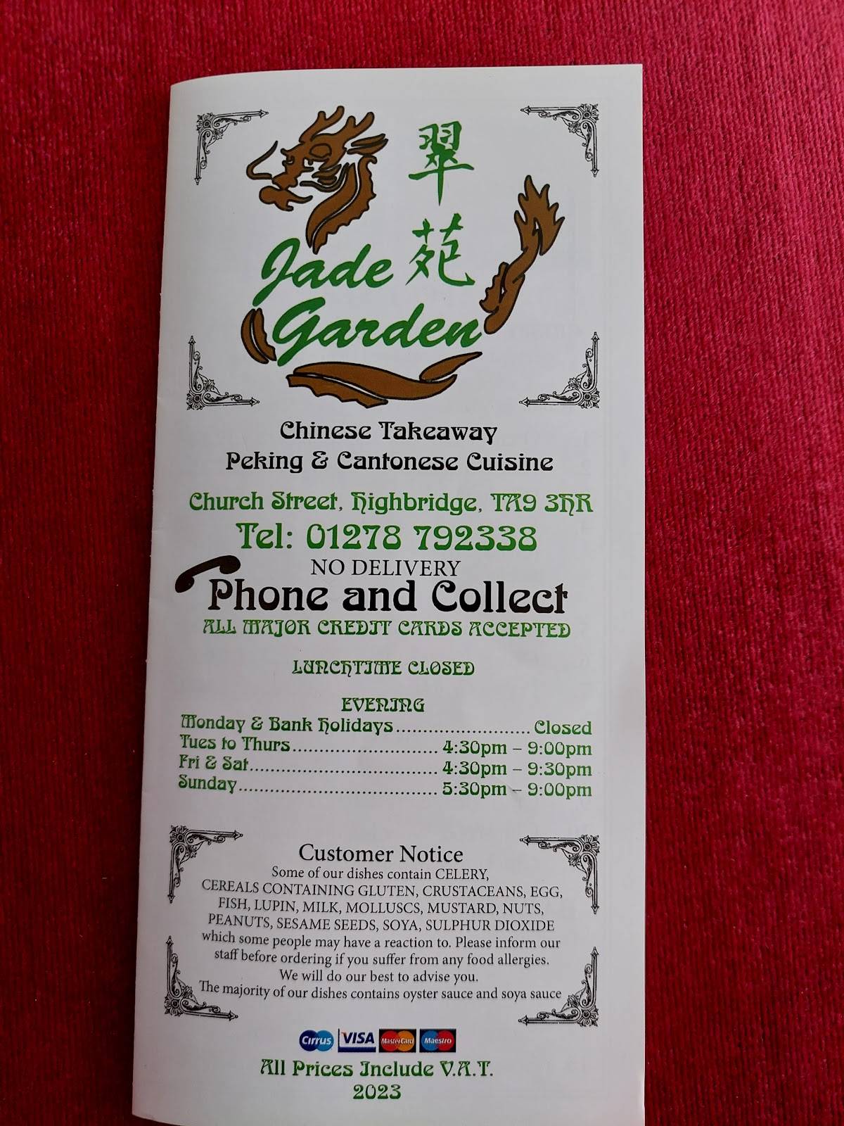 Menu at Jade Garden fast food, Highbridge