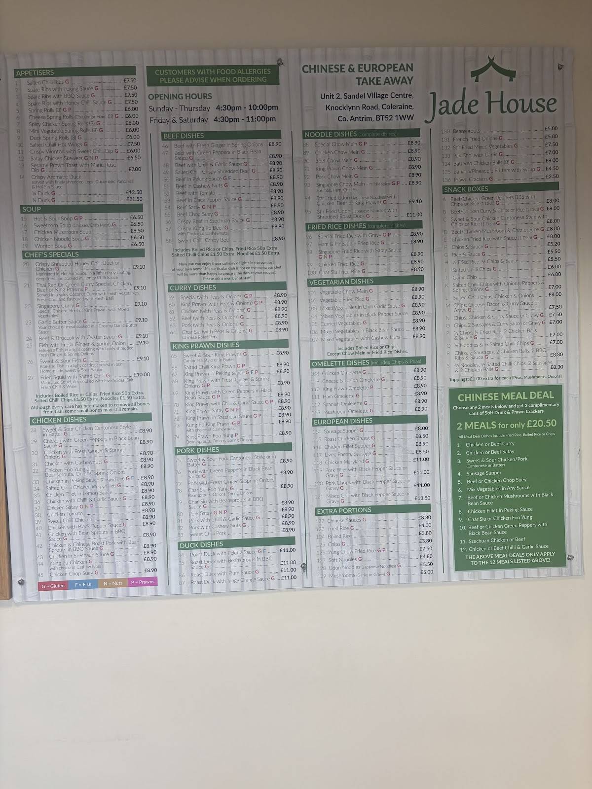 Menu at Jade House fast food, Coleraine