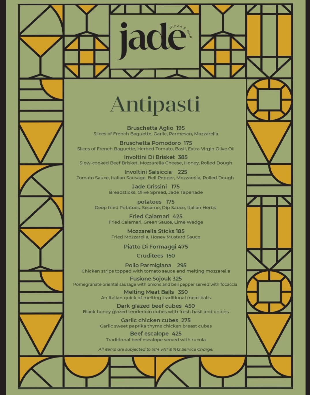 Menu at Jade Pizza restaurant, Cairo