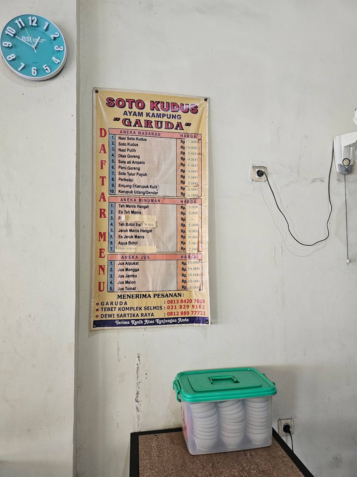 Menu at Soto Kudus Garuda restaurant, East Jakarta, Jl. Dewi Sartika No.3
