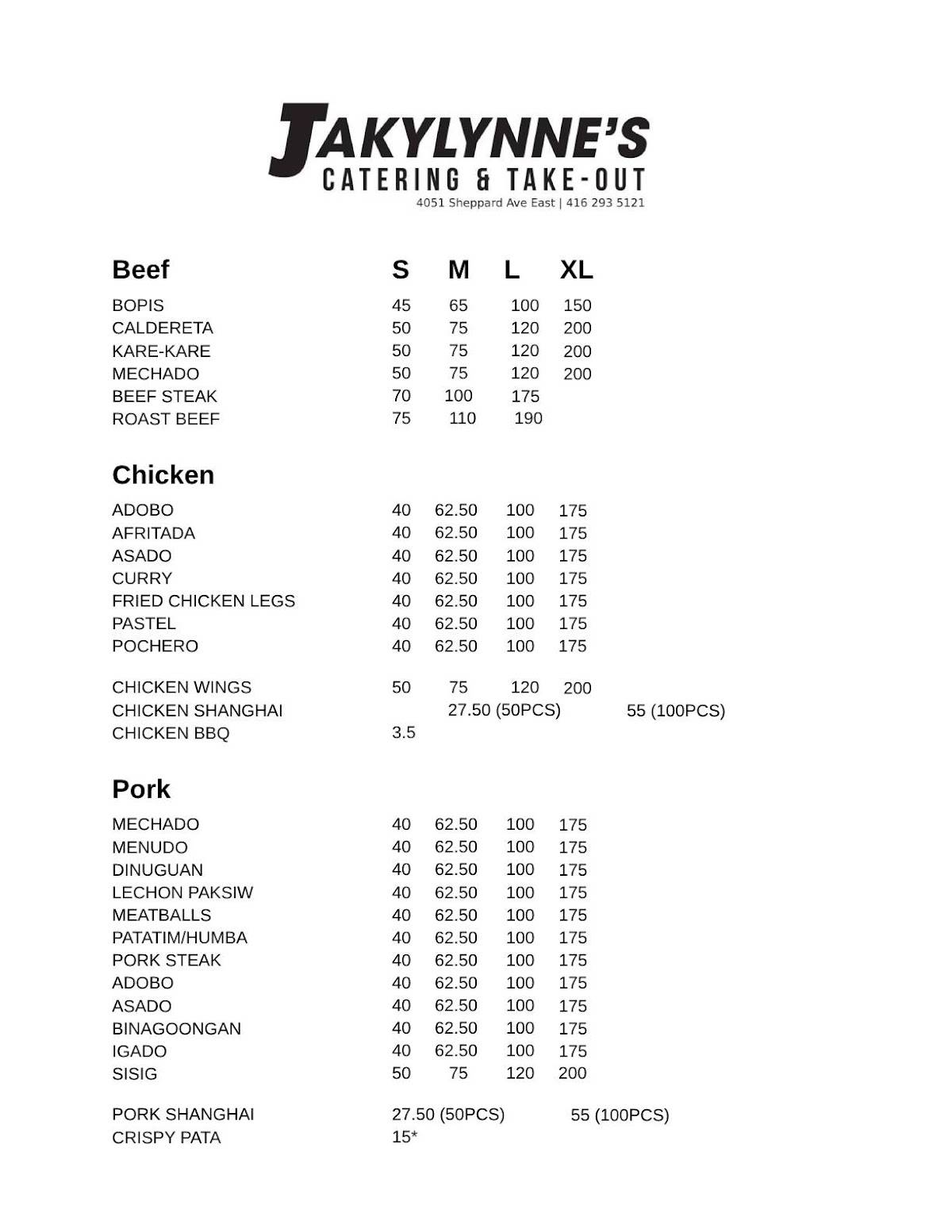 Menu at Jakylynne's Catering and Take-out restaurant, Toronto