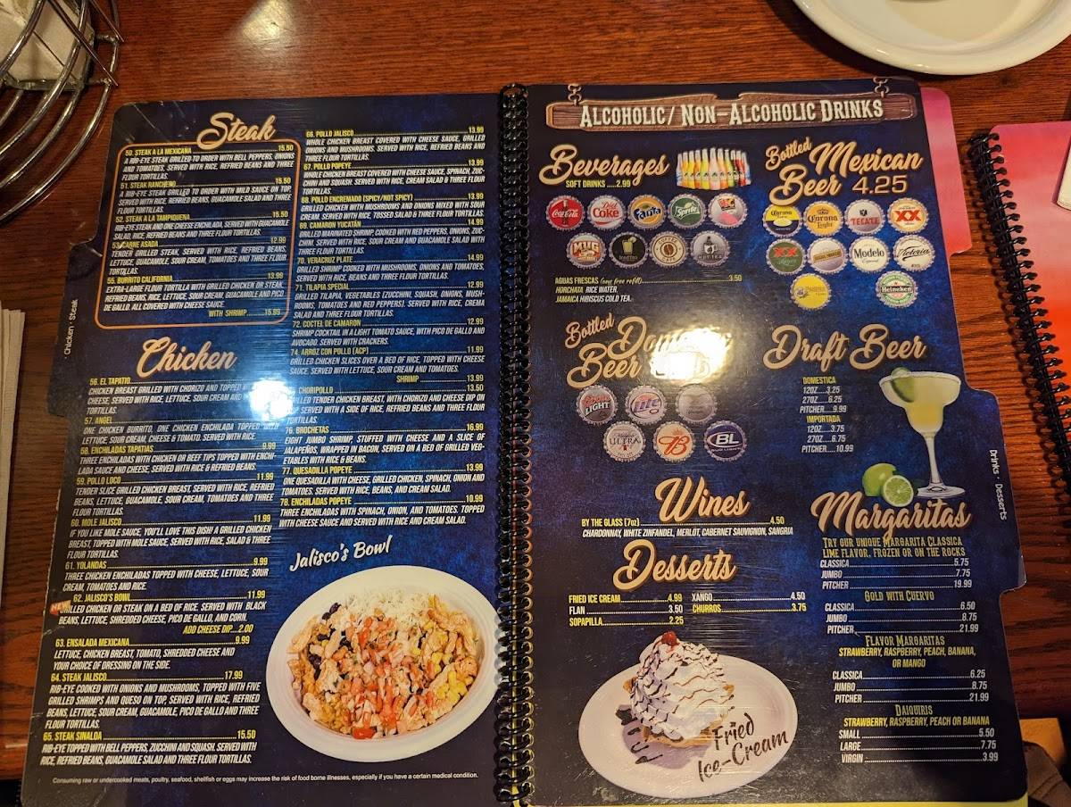 Menu at Jalisco's restaurant, Salem