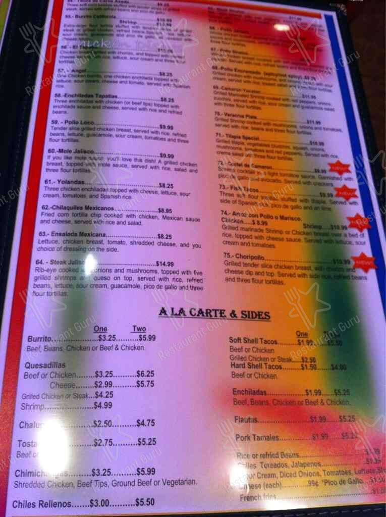 Menu at Jalisco's restaurant, Salem