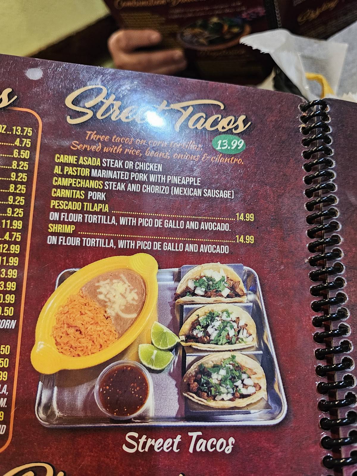 Menu at Jalisco's restaurant, Alliance