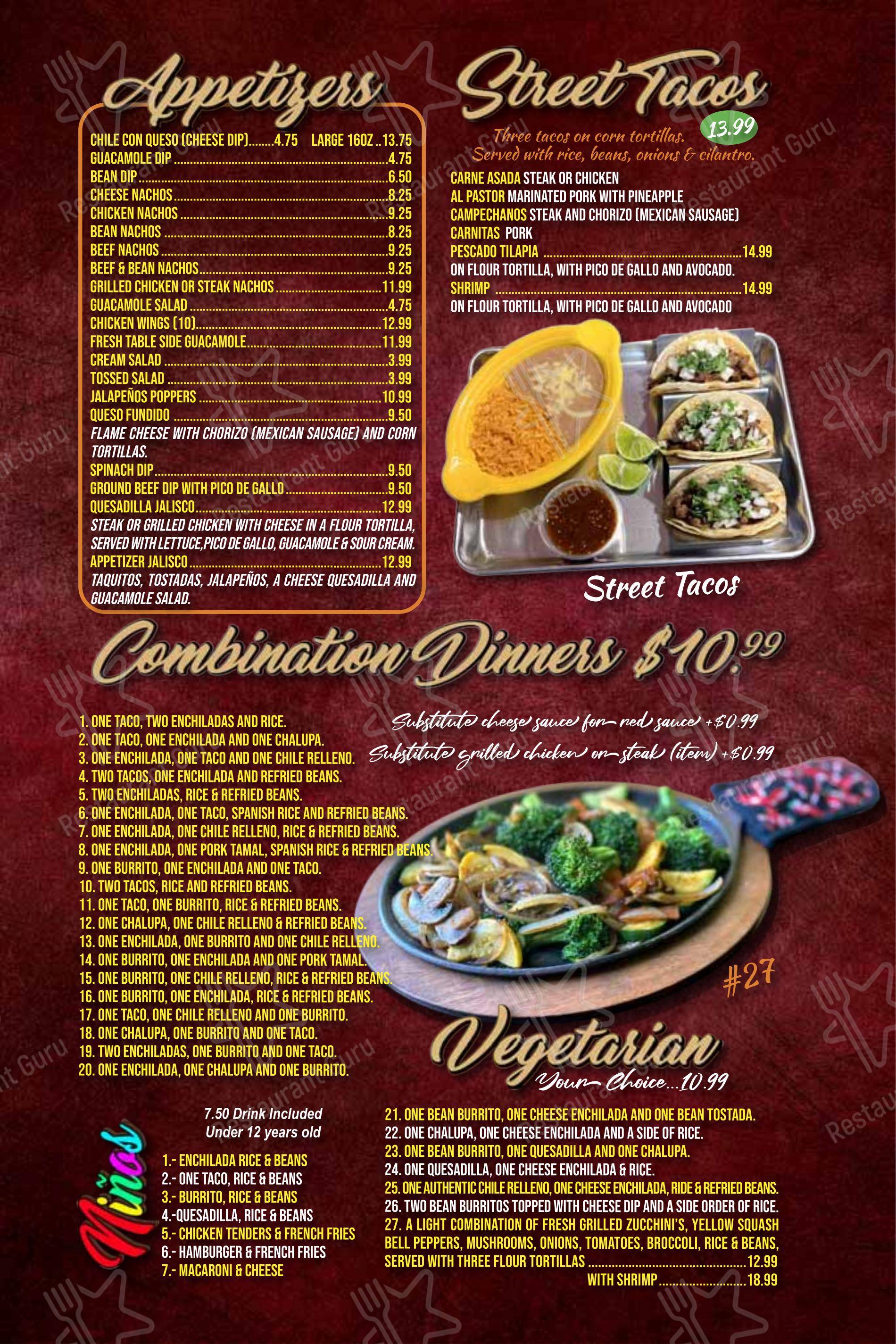 Menu at Jalisco's restaurant, Salem
