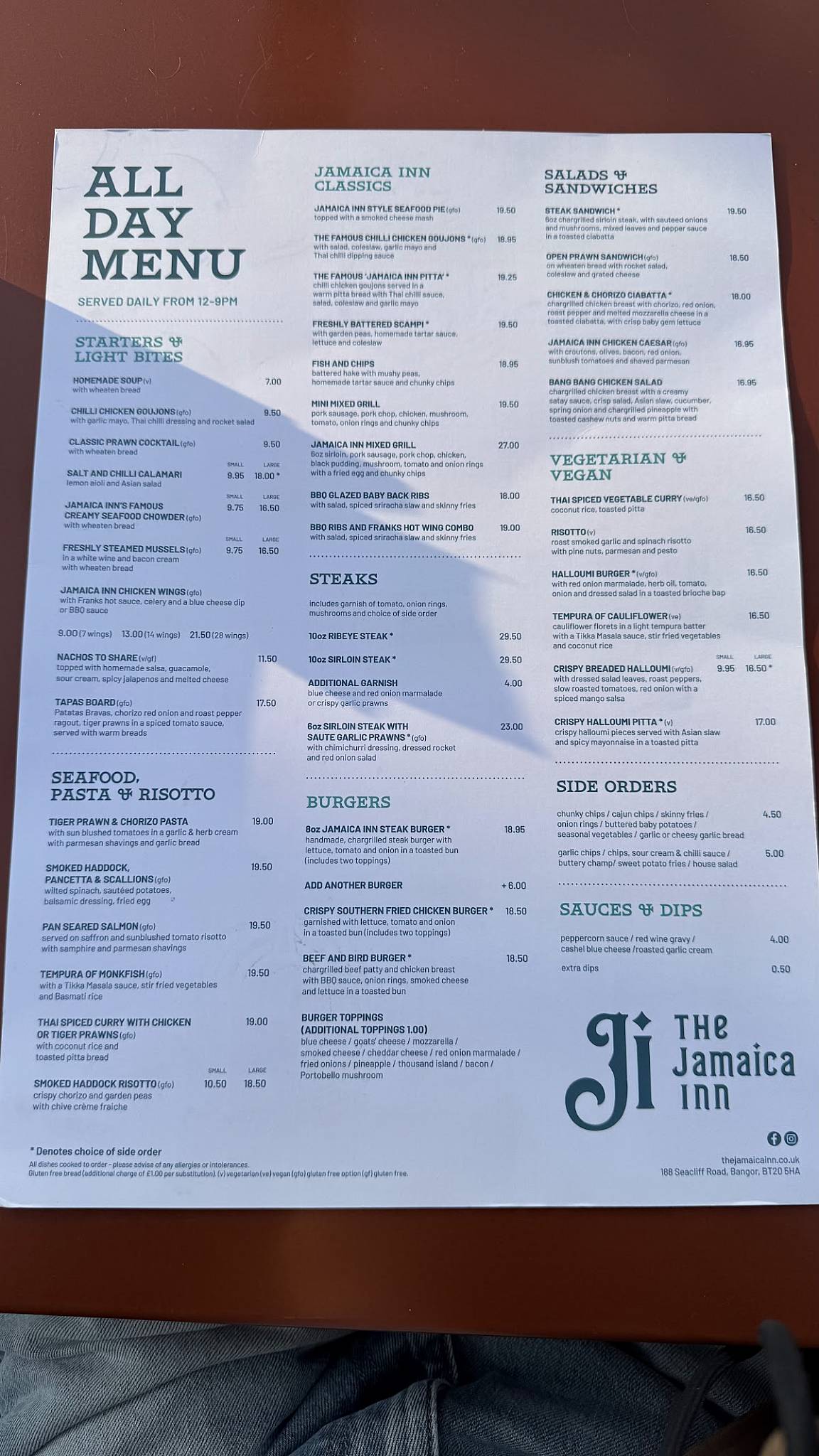 Menu at Jamaica Inn pub & bar, Bangor
