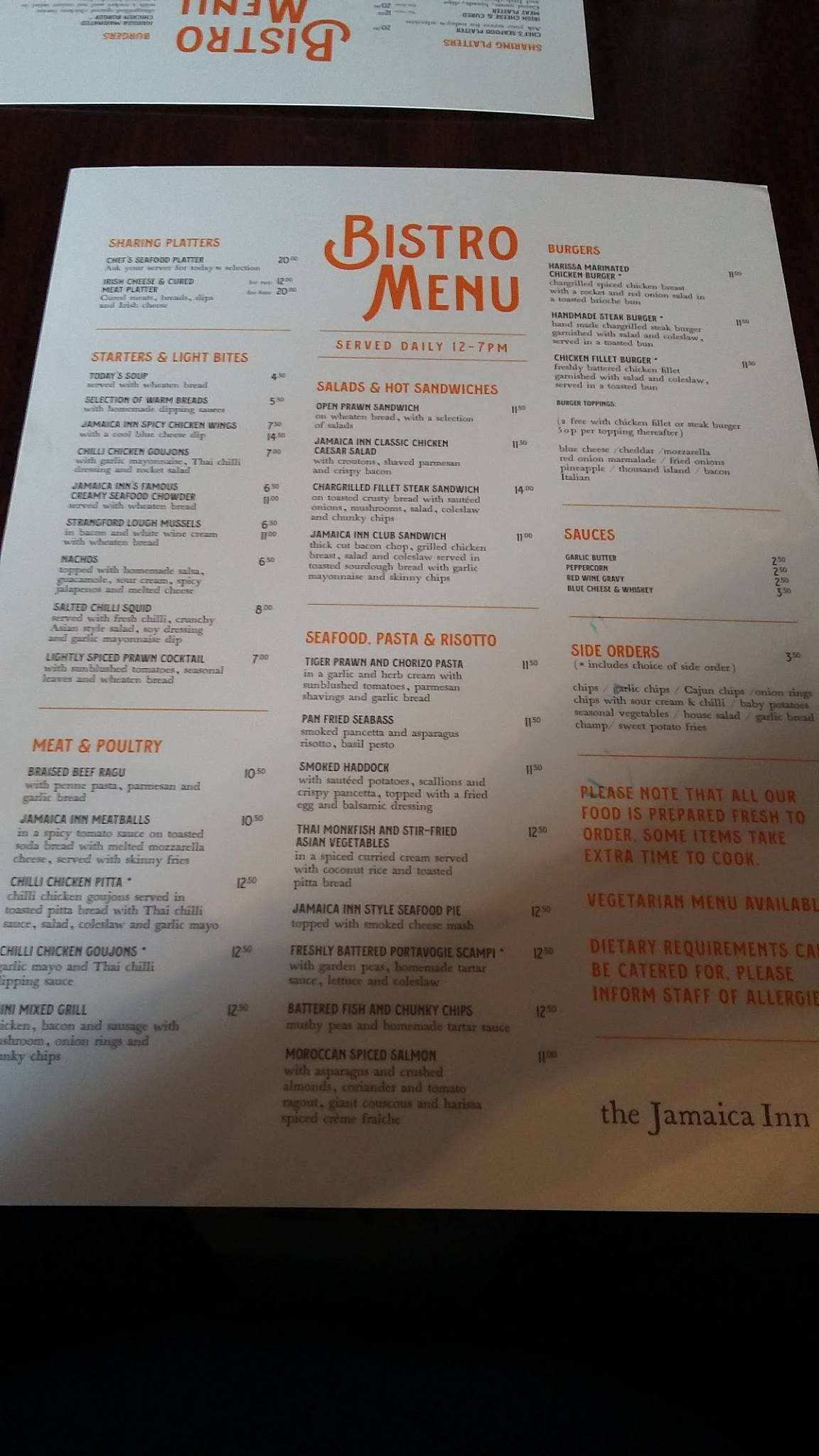 Menu at Jamaica Inn pub & bar, Bangor