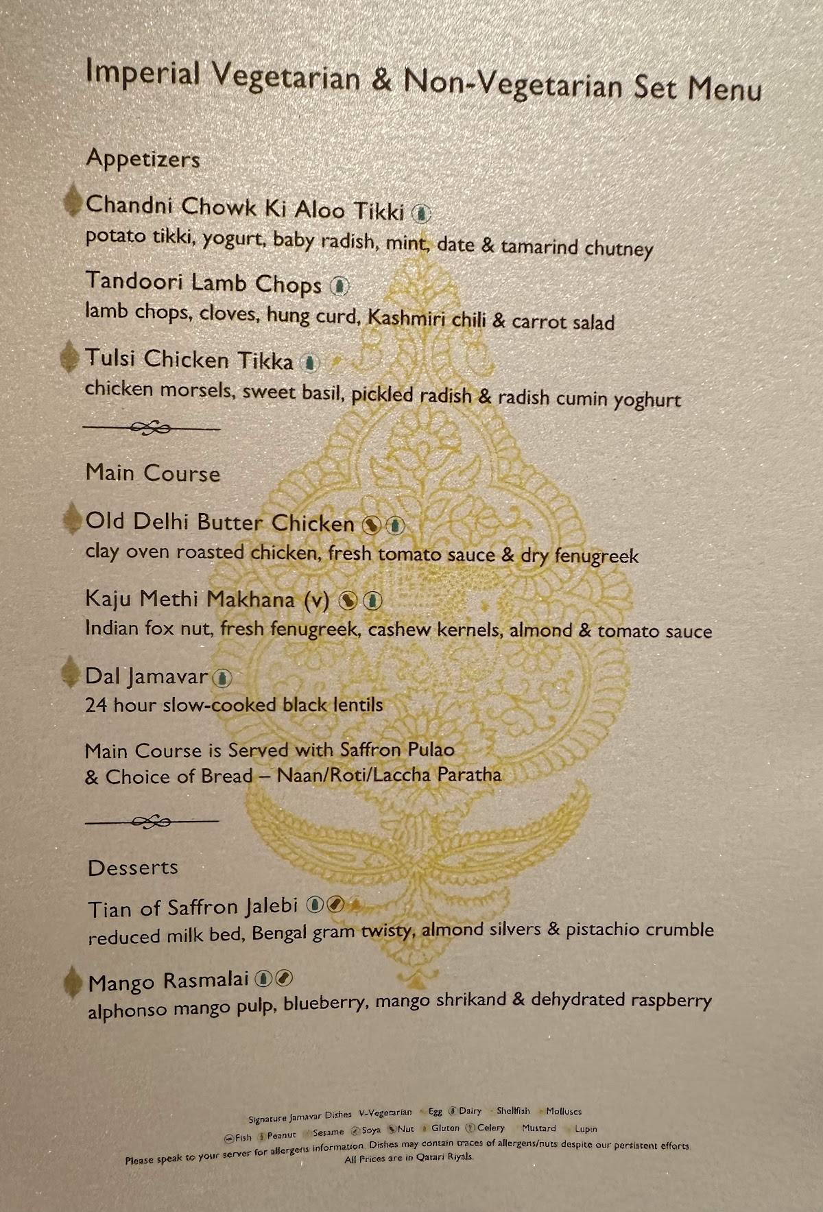 Menu at Jamavar Doha restaurant, Doha, Al Corniche