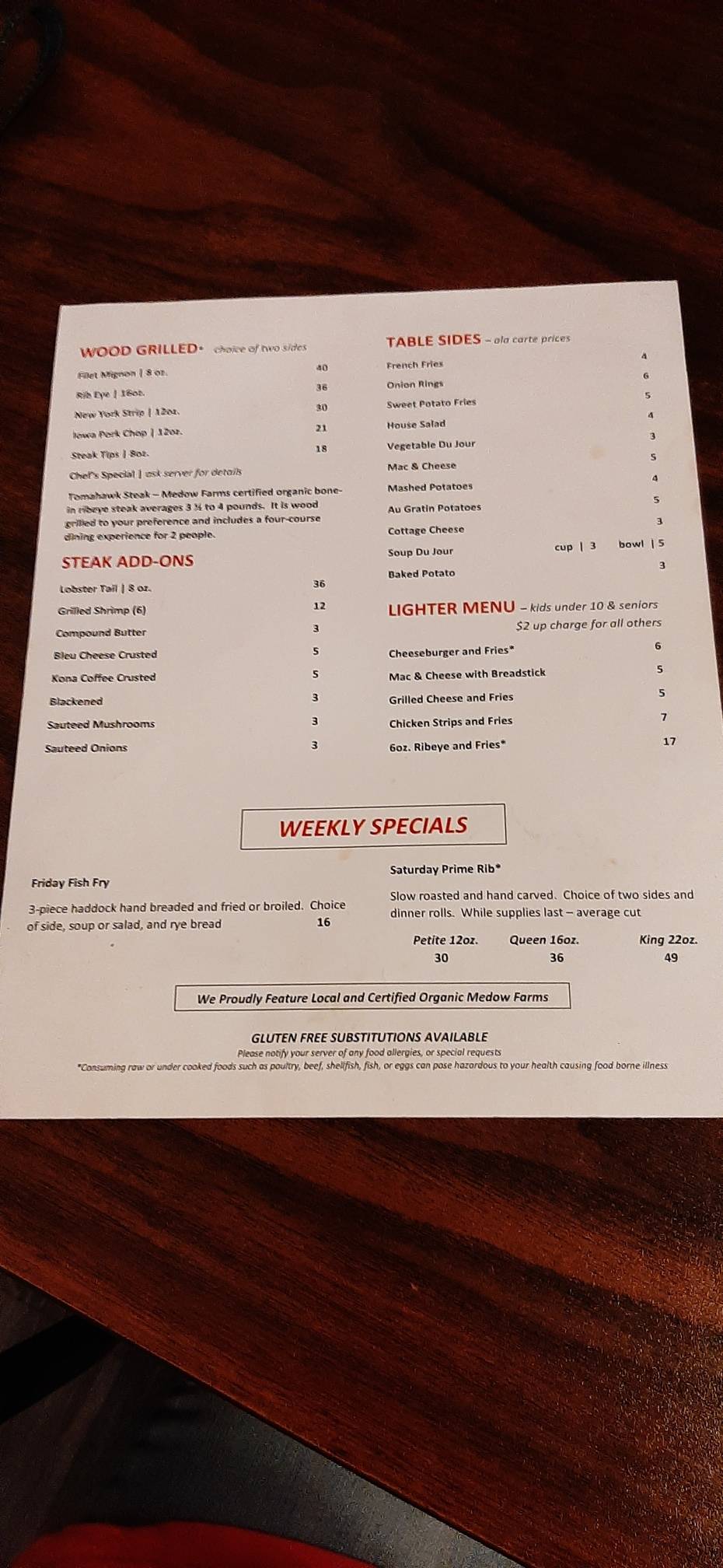 Carta del pub y bar Jameson's 1930 Inn, Crandon