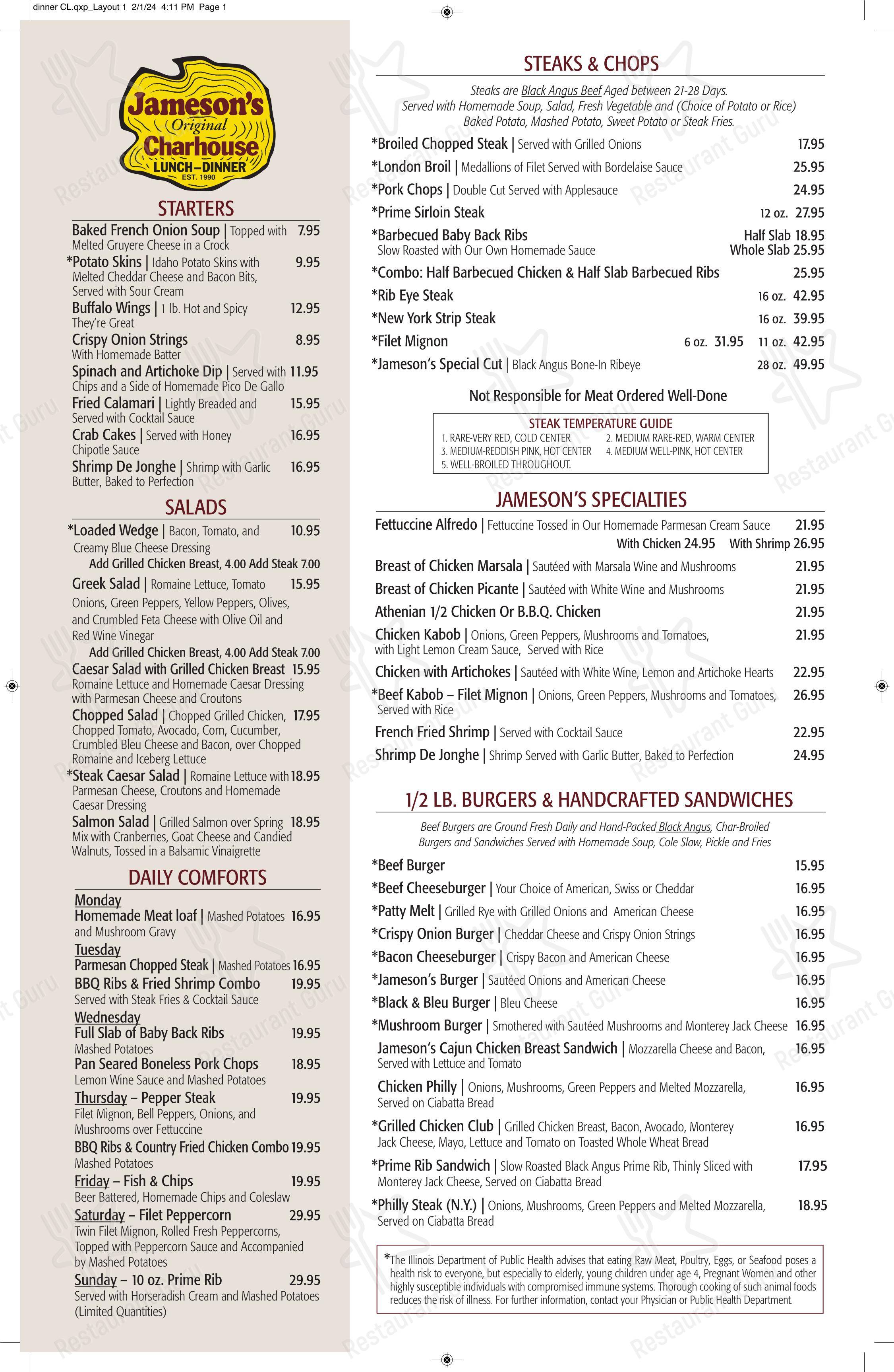 Menu at Jameson's Charhouse steakhouse, Crystal Lake