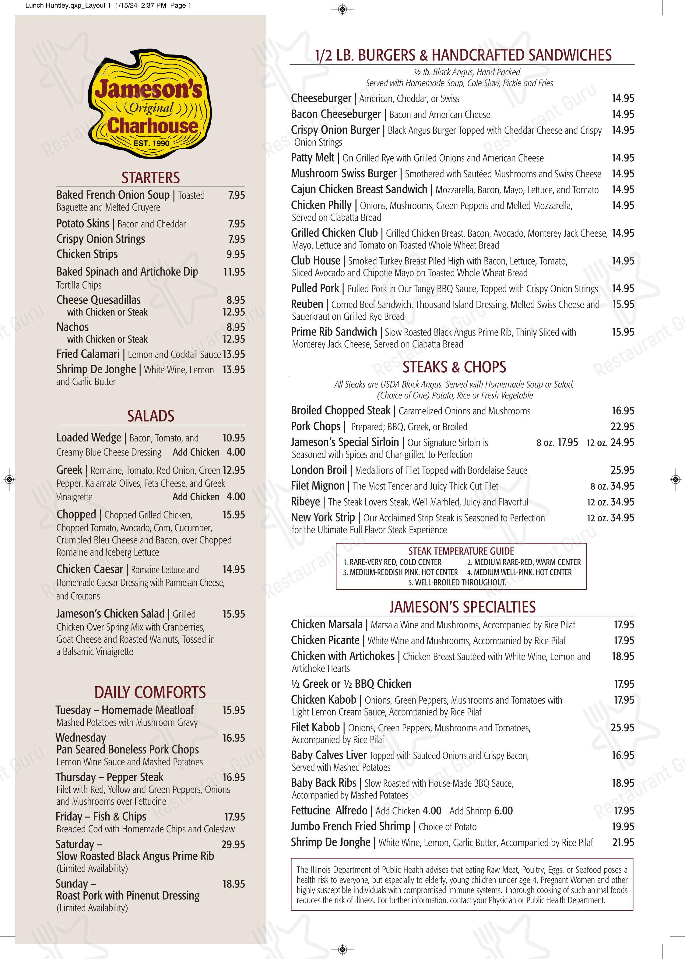 Menu at Jameson's Charhouse steakhouse, Crystal Lake