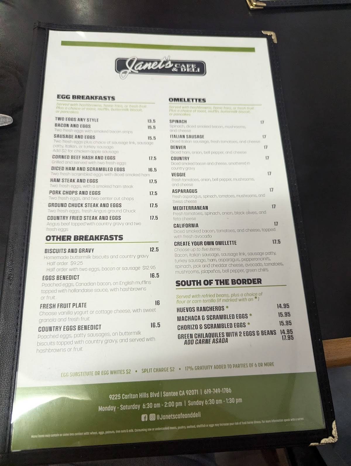 Menu at Janet's Cafe and Deli, Santee, Carlton Hills Blvd