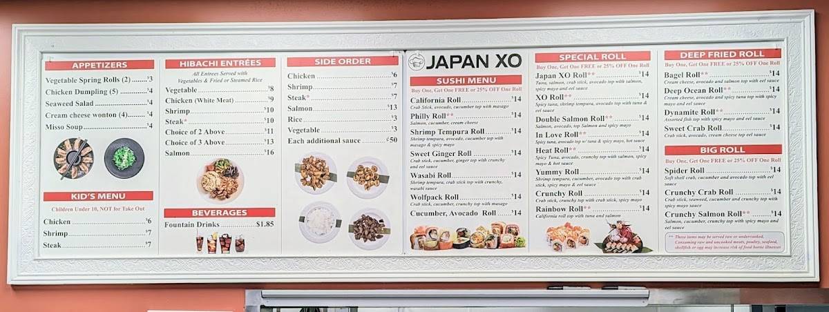 Menu at Japan XO restaurant, Raleigh