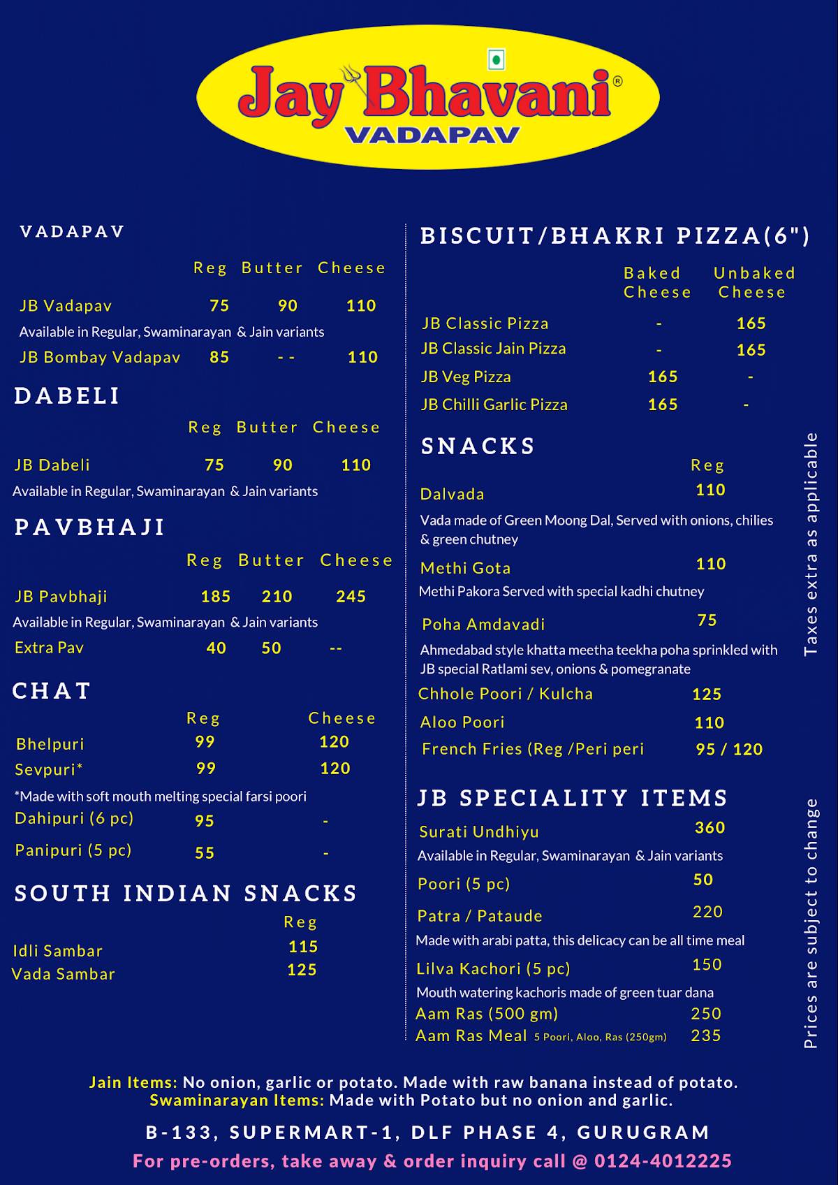 Menu at Jay Bhavani Vadapav, Gurugram, B-133