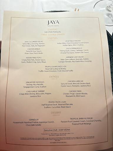 Menu at Jaya at The Setai restaurant, Miami Beach, 2001 Collins Ave