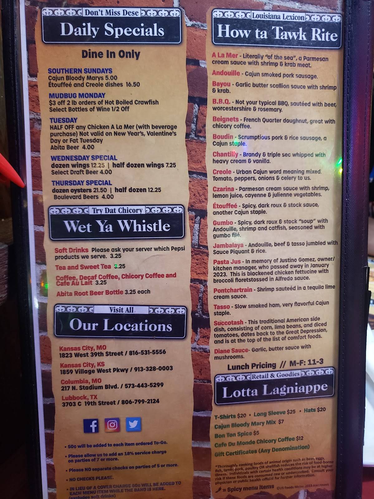 Menu at Jazz a Louisiana Kitchen restaurant, Kansas City, Village West ...