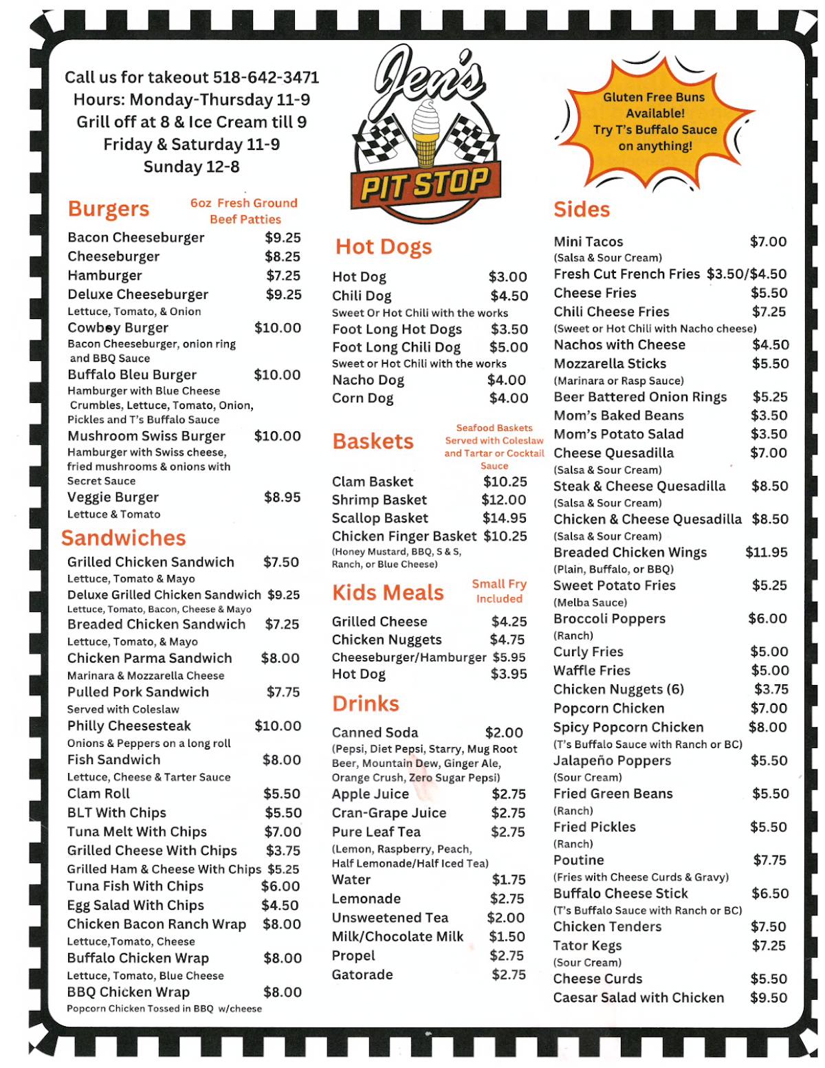 Menu at Jen's Pit Stop fast food, Granville