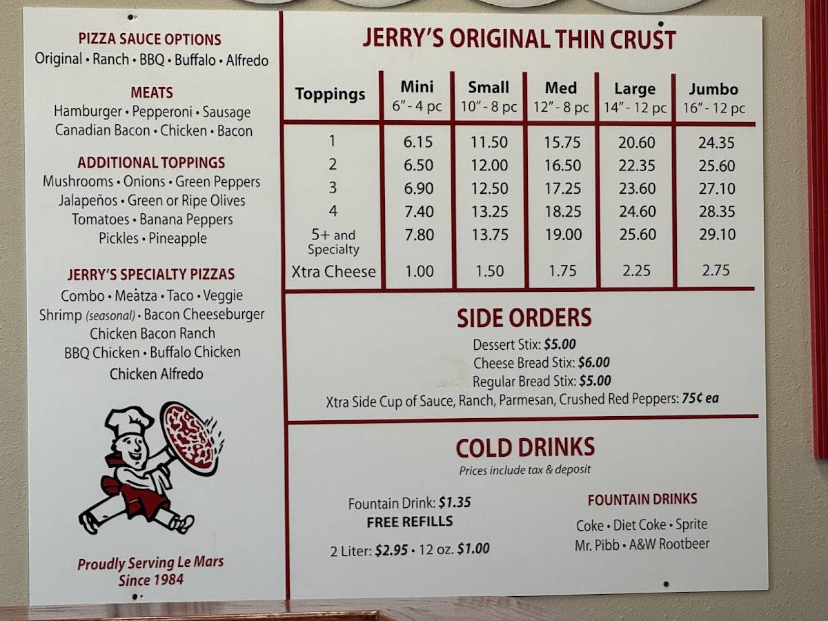 Menu at Jerry's Pizza pizzeria, Le Mars, 25 Plymouth St NE