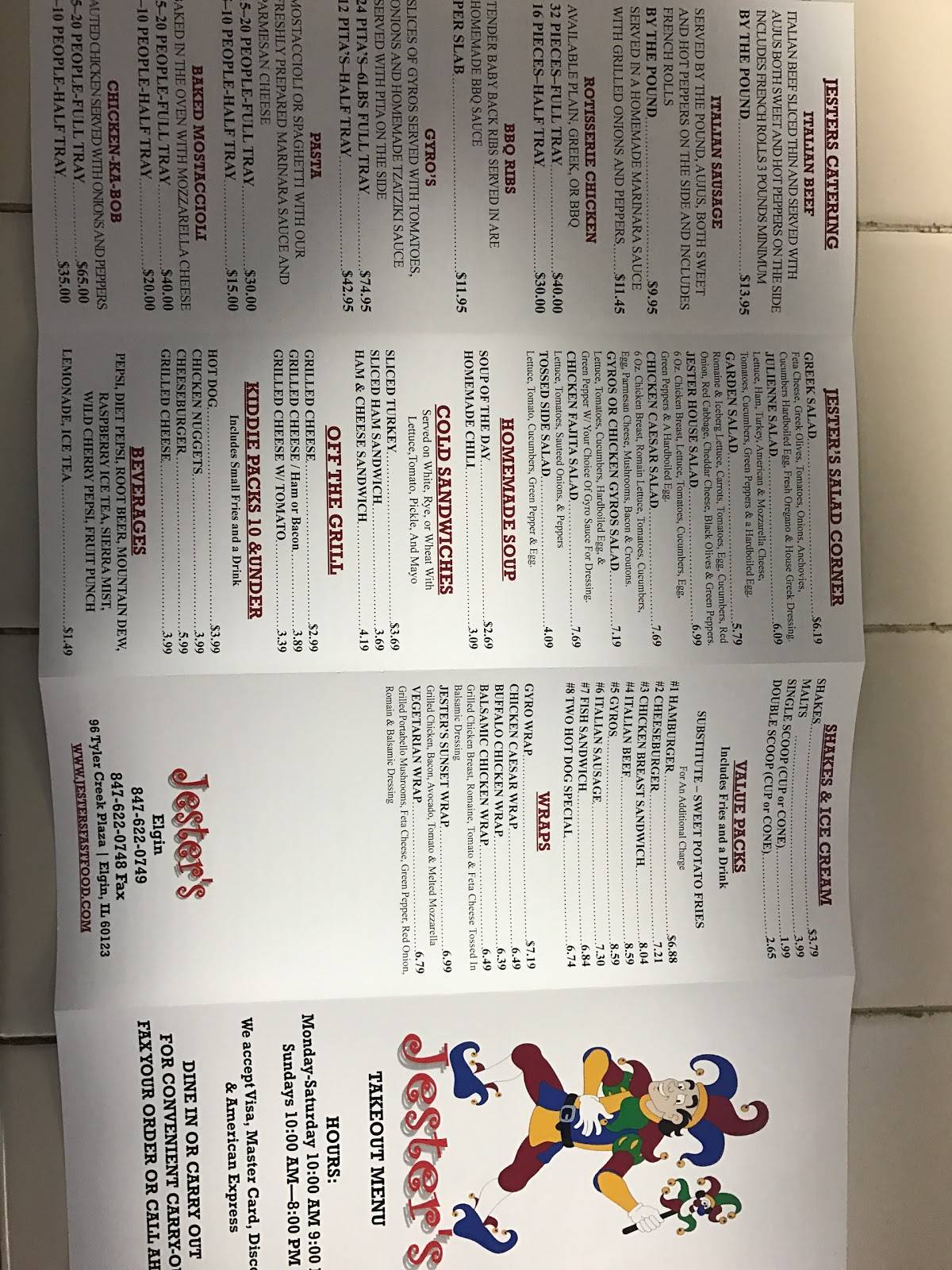 Menu at Jester's Fast Food, Elgin