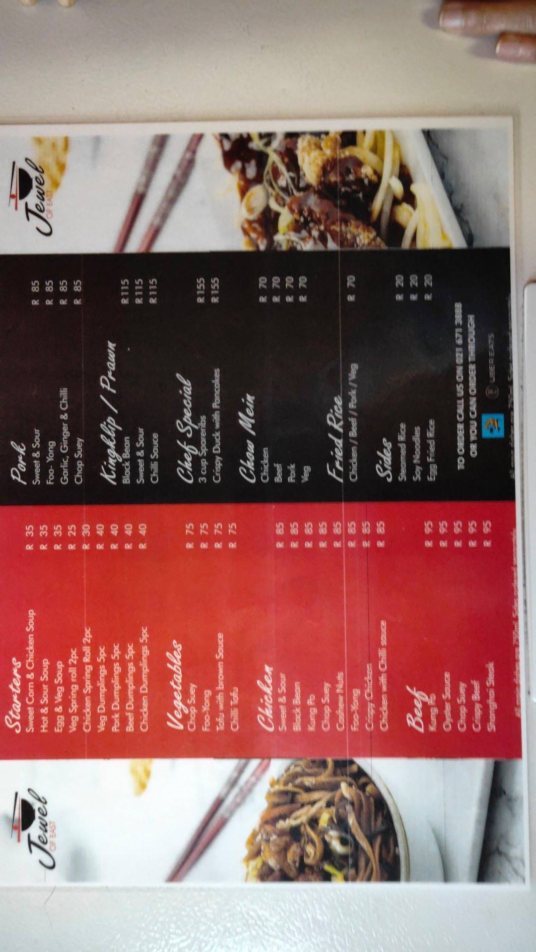 Menu at Jewel Of East restaurant, Cape Town