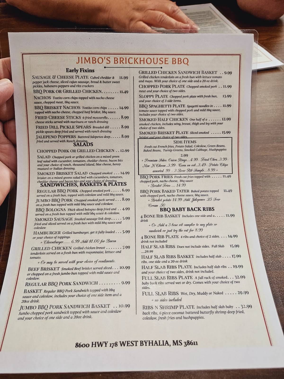 Menu at Jimbo's Brickhouse BBQ, Byhalia