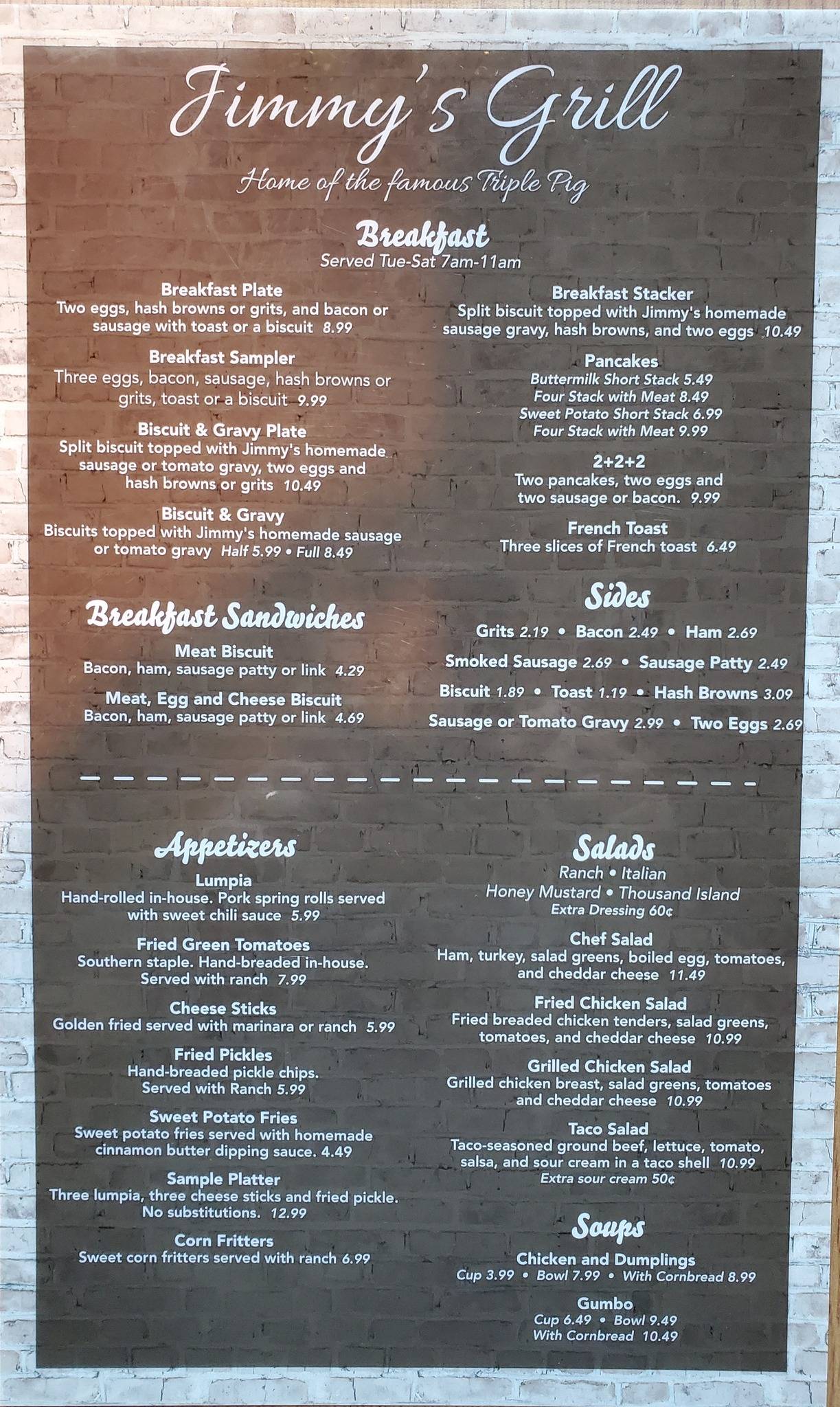 Menu at Jimmy's Grill restaurant, Molino, US-29