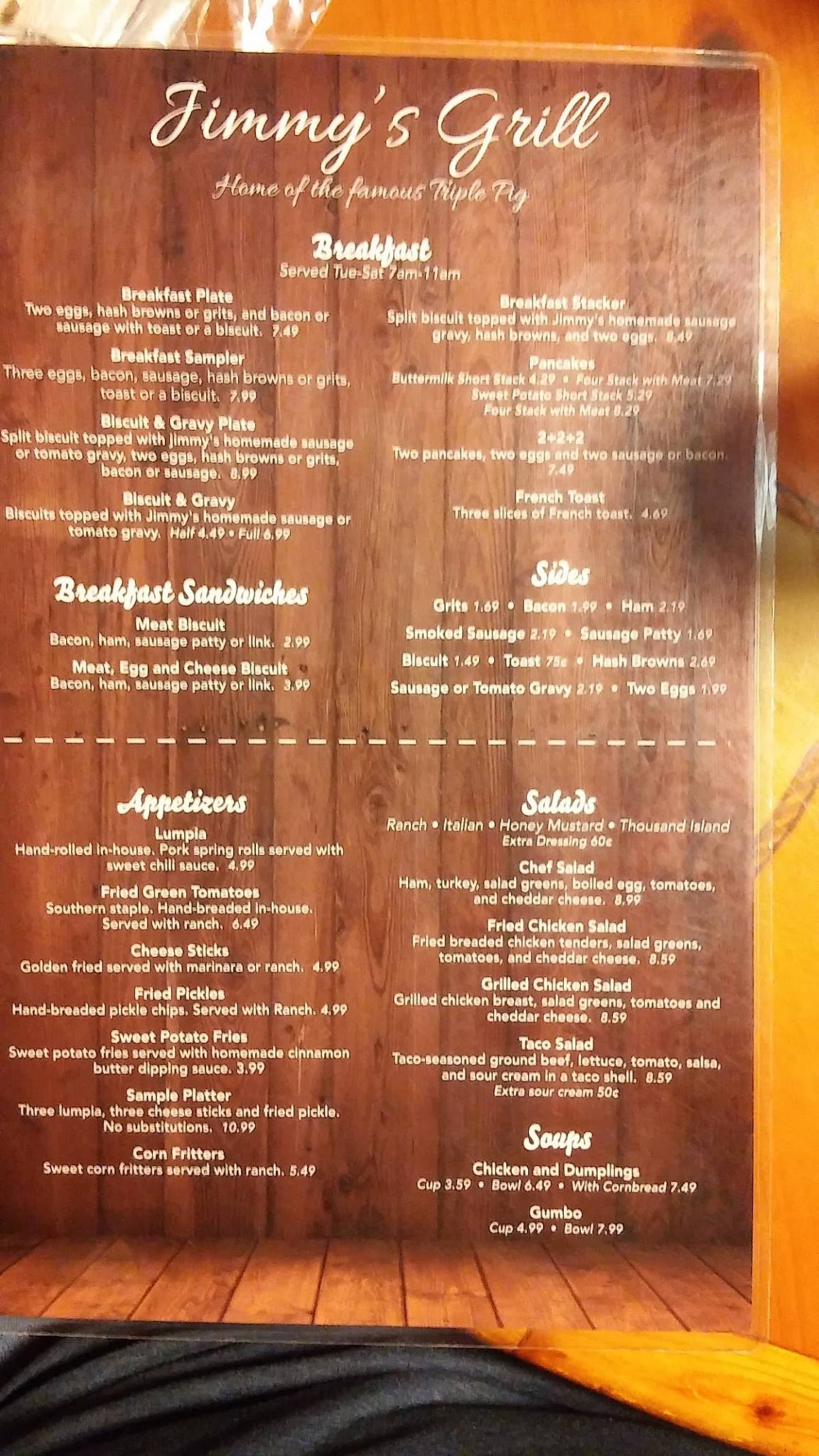 Menu at Jimmy's Grill restaurant, Molino, US-29