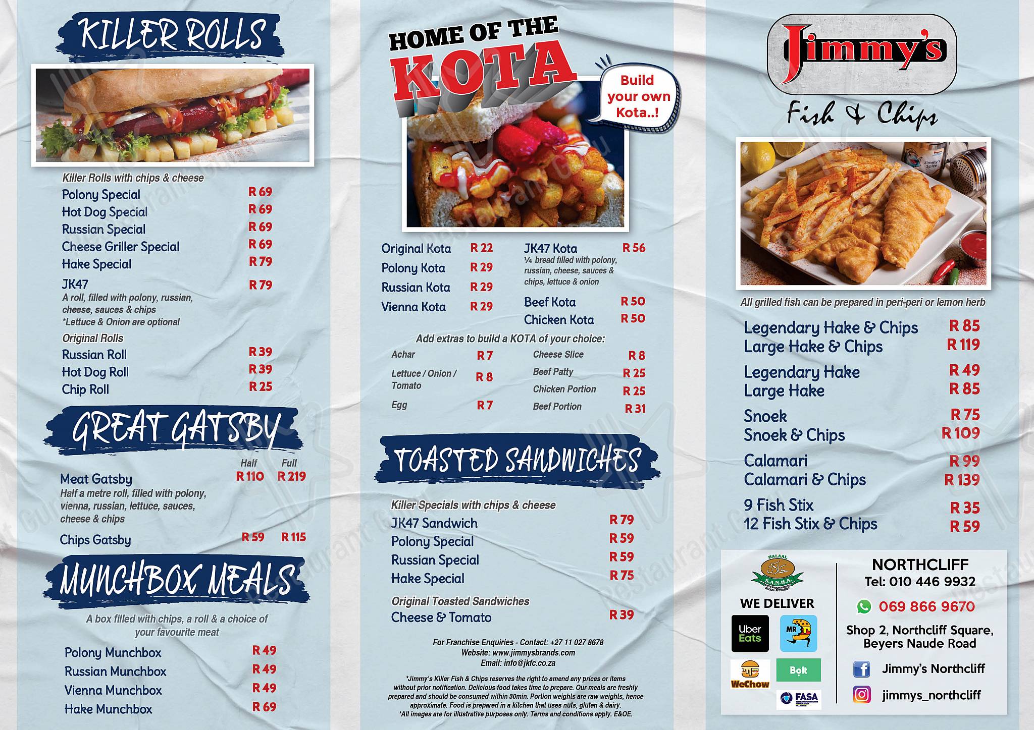 Menu at Jimmy’s Northcliff Square restaurant, Randburg