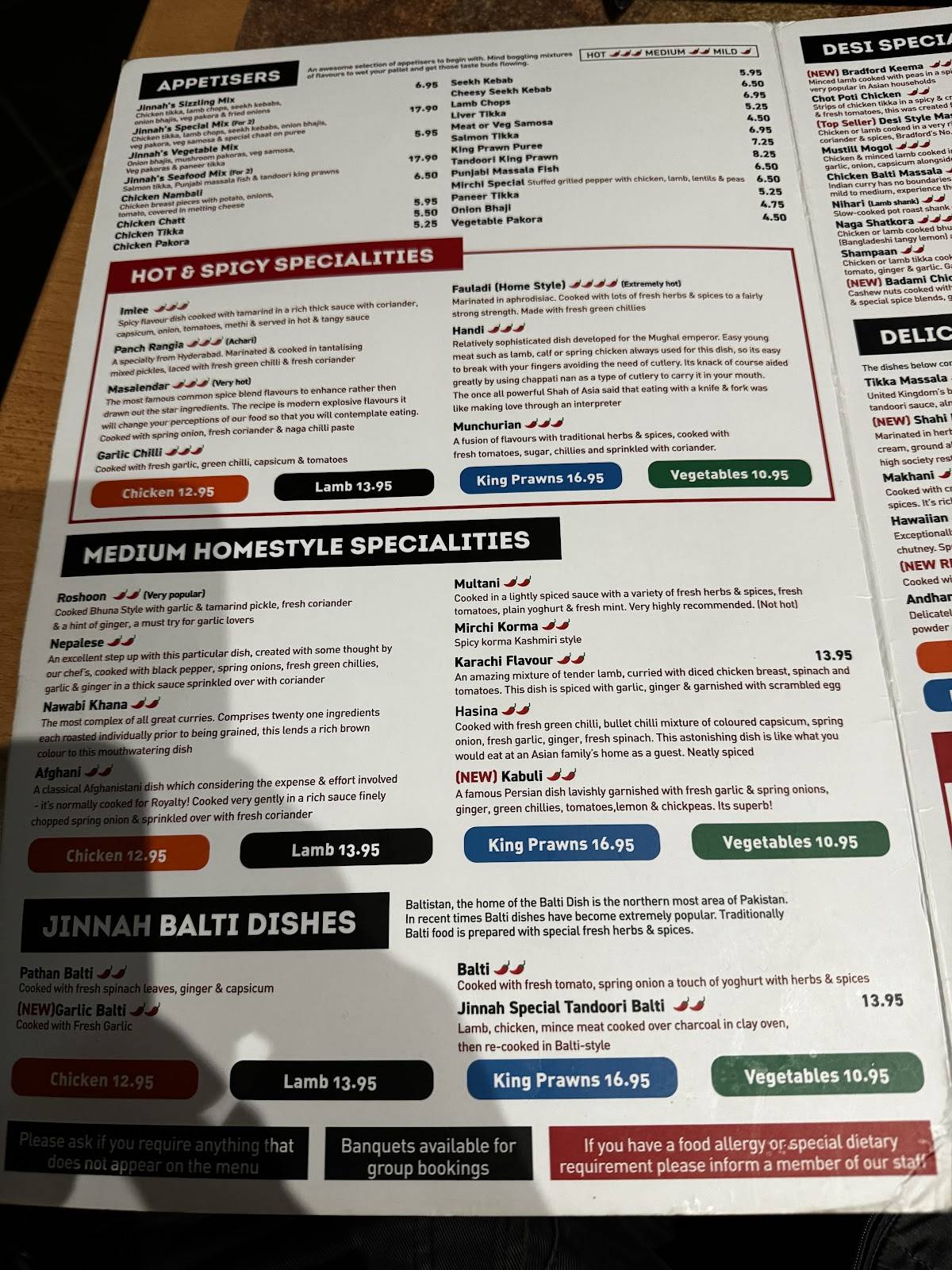 Menu at Jinnah restaurant, Selby