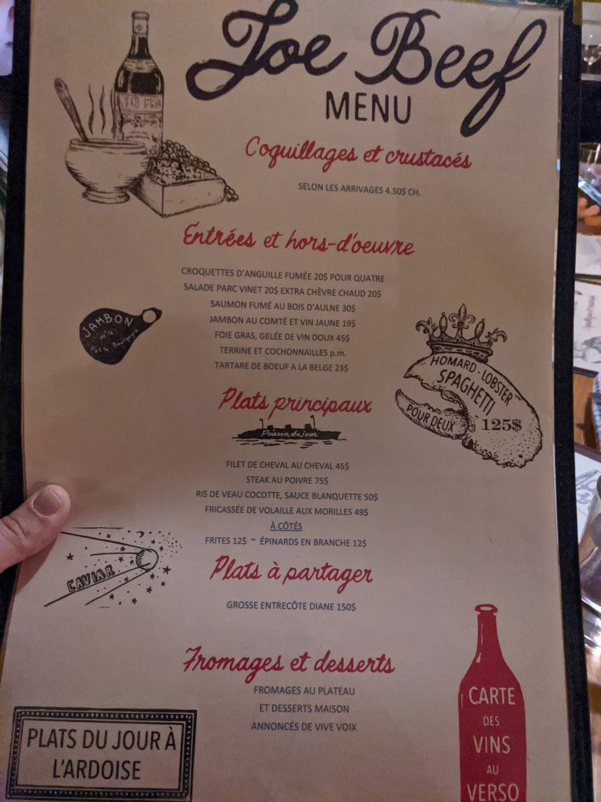 Menu at Joe Beef steakhouse, Montréal