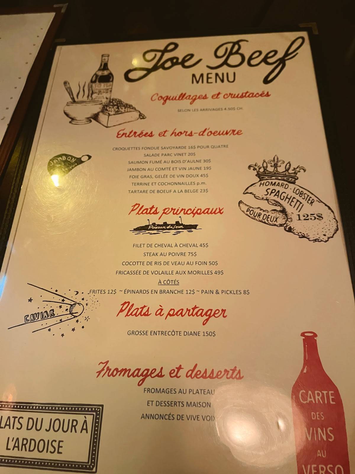 Menu at Joe Beef steakhouse, Montréal