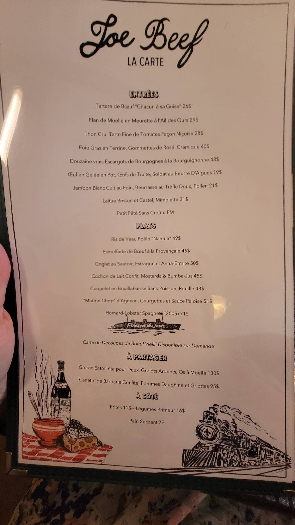 Menu at Joe Beef steakhouse, Montréal