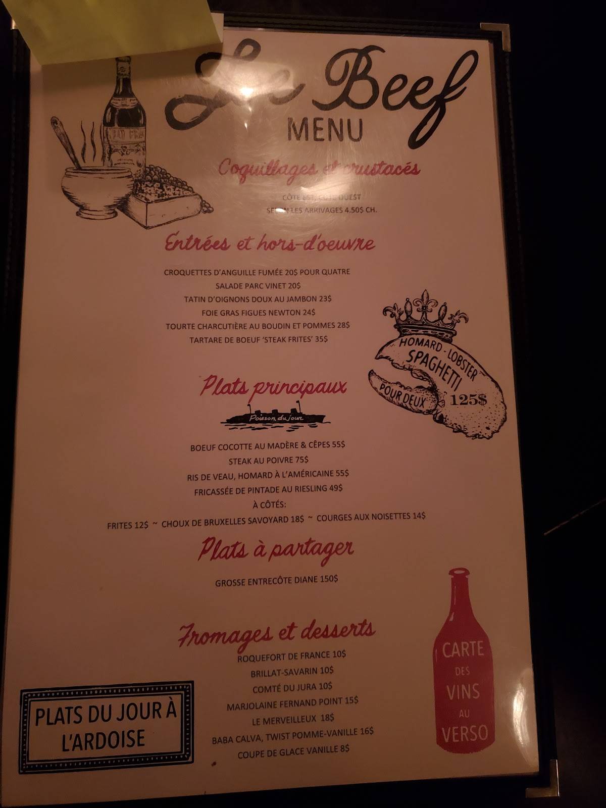 Menu at Joe Beef steakhouse, Montréal