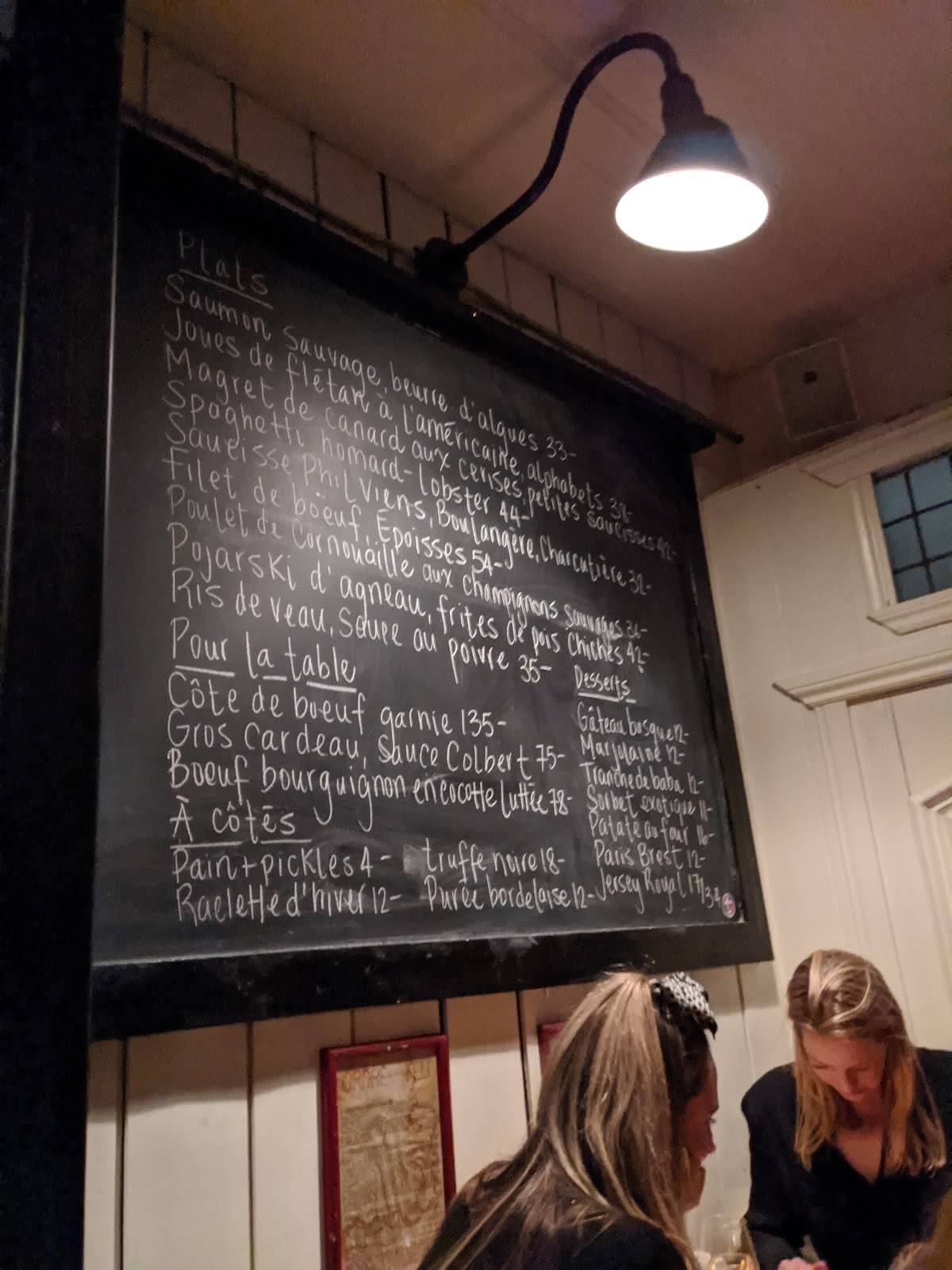 Menu at Joe Beef steakhouse, Montréal