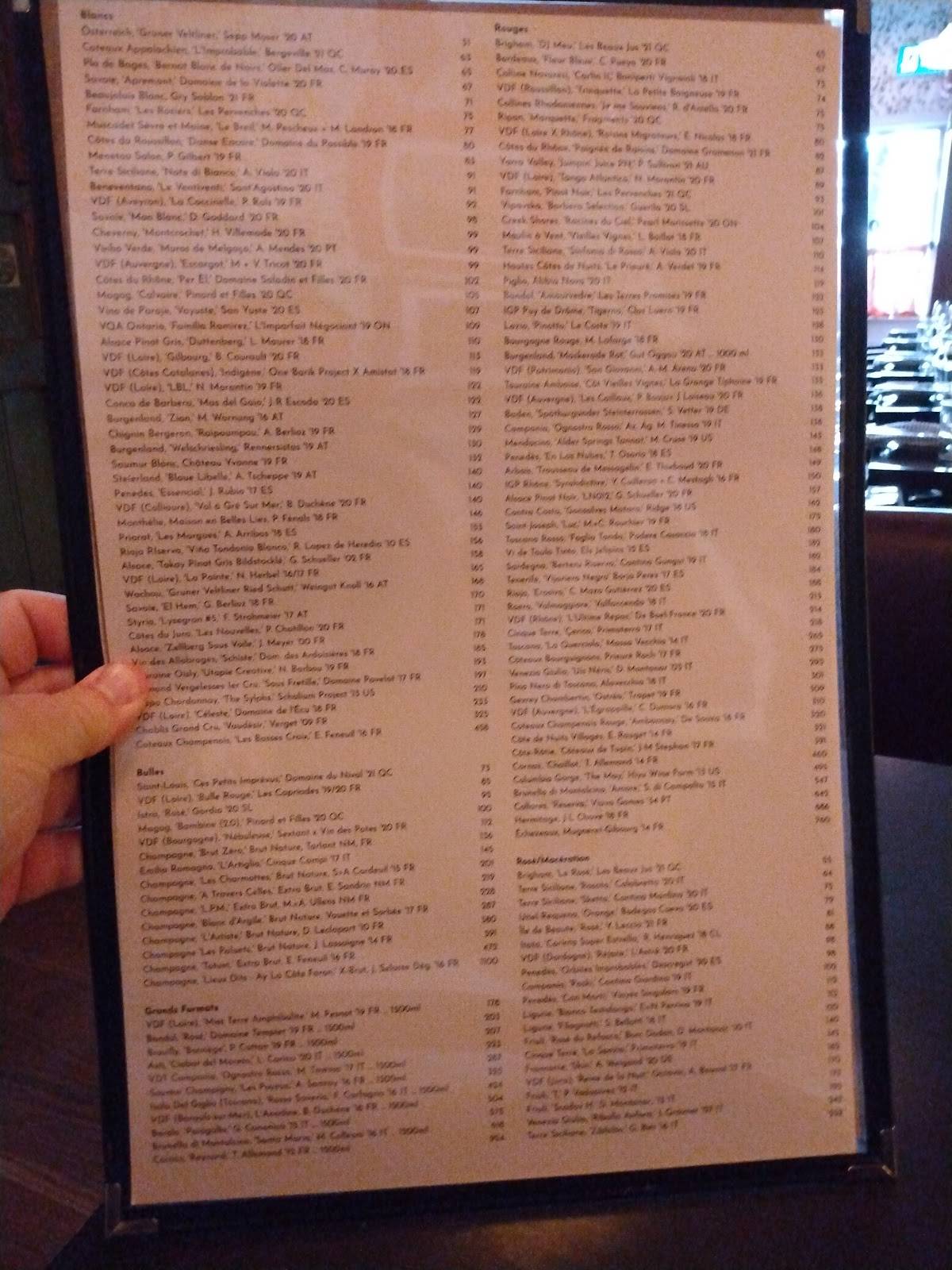 Menu at Joe Beef steakhouse, Montréal