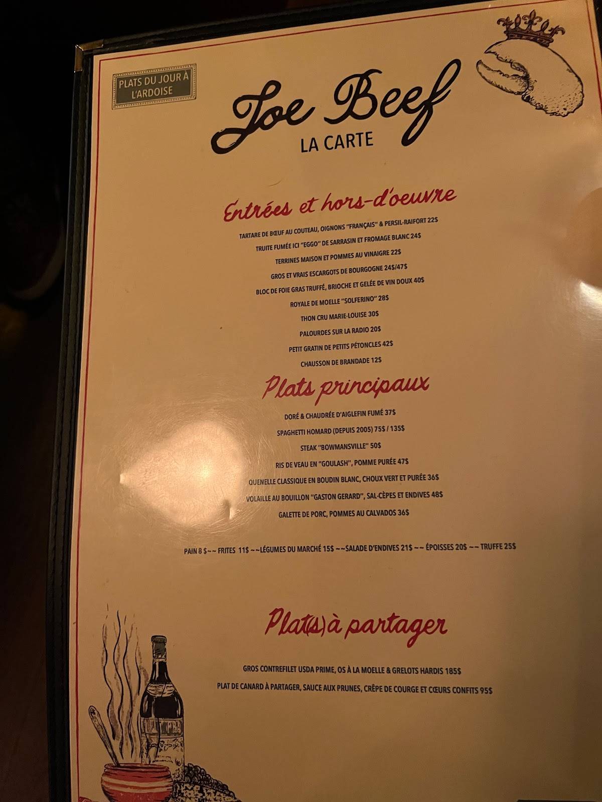 Menu at Joe Beef steakhouse, Montréal