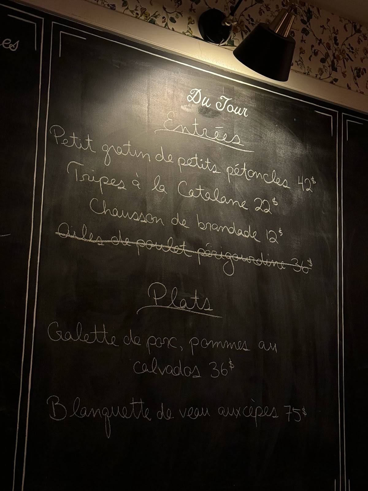 Menu at Joe Beef steakhouse, Montréal